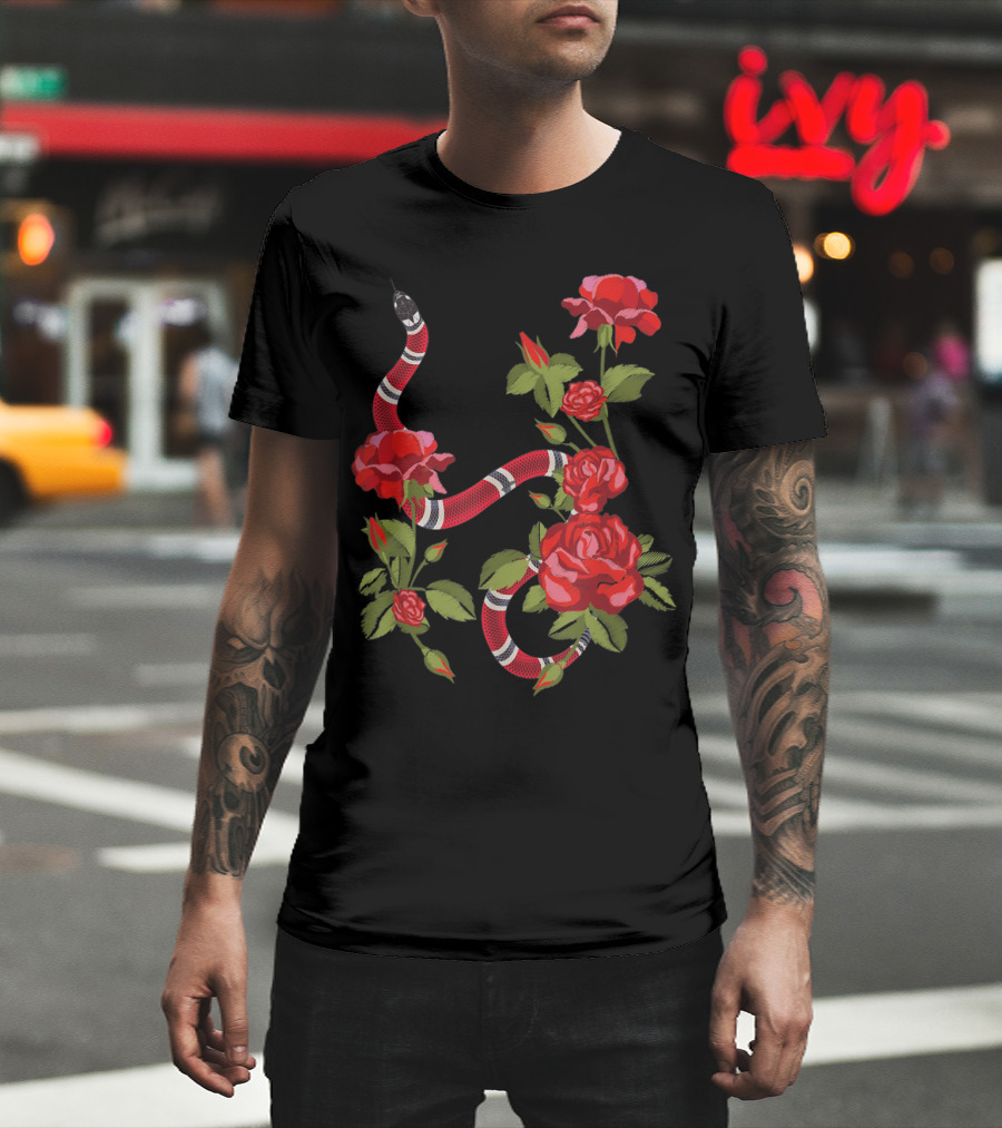 Royal Striped Snake And Flower Red Roses Botanical T-Shirt