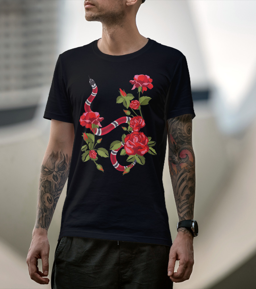 Royal Striped Snake And Flower Red Roses Botanical T-Shirt