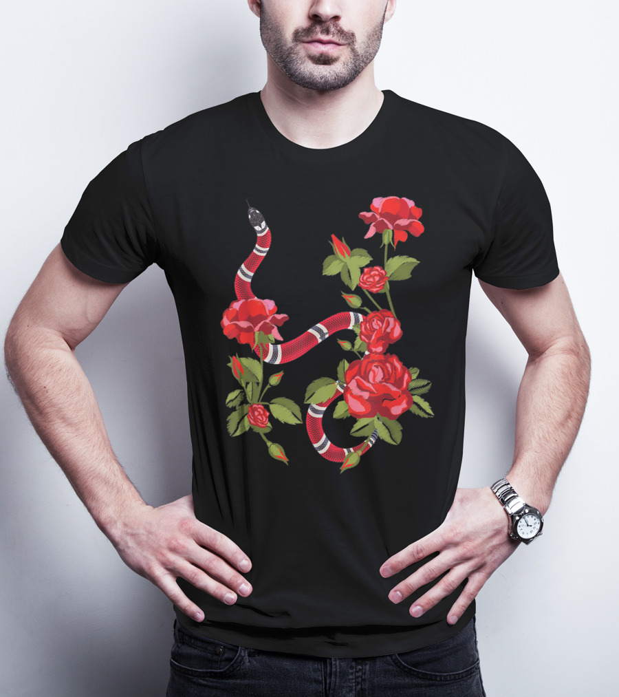 Royal Striped Snake And Flower Red Roses Botanical T-Shirt