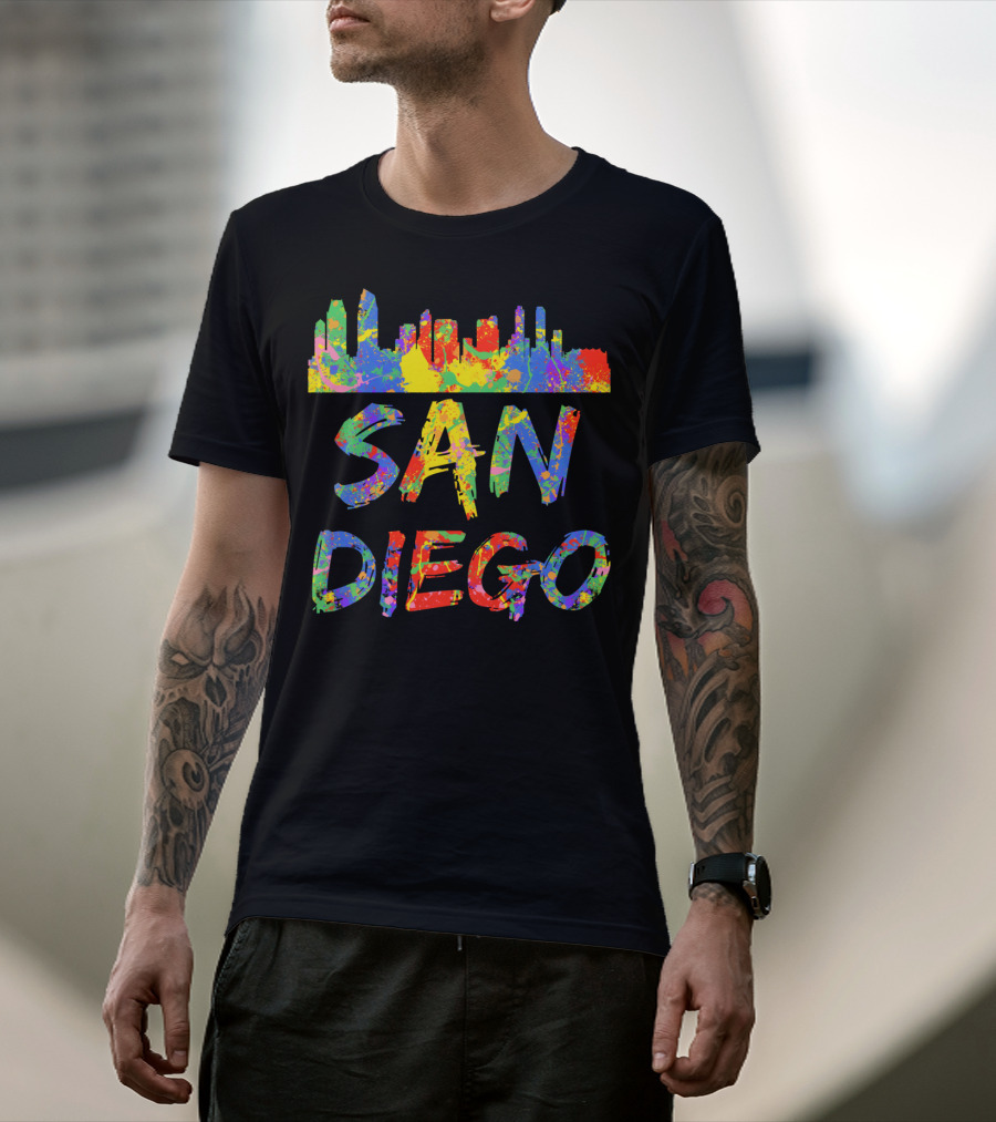 San Diego Rainbow Skyline Cali City Vibrant Text T-Shirt