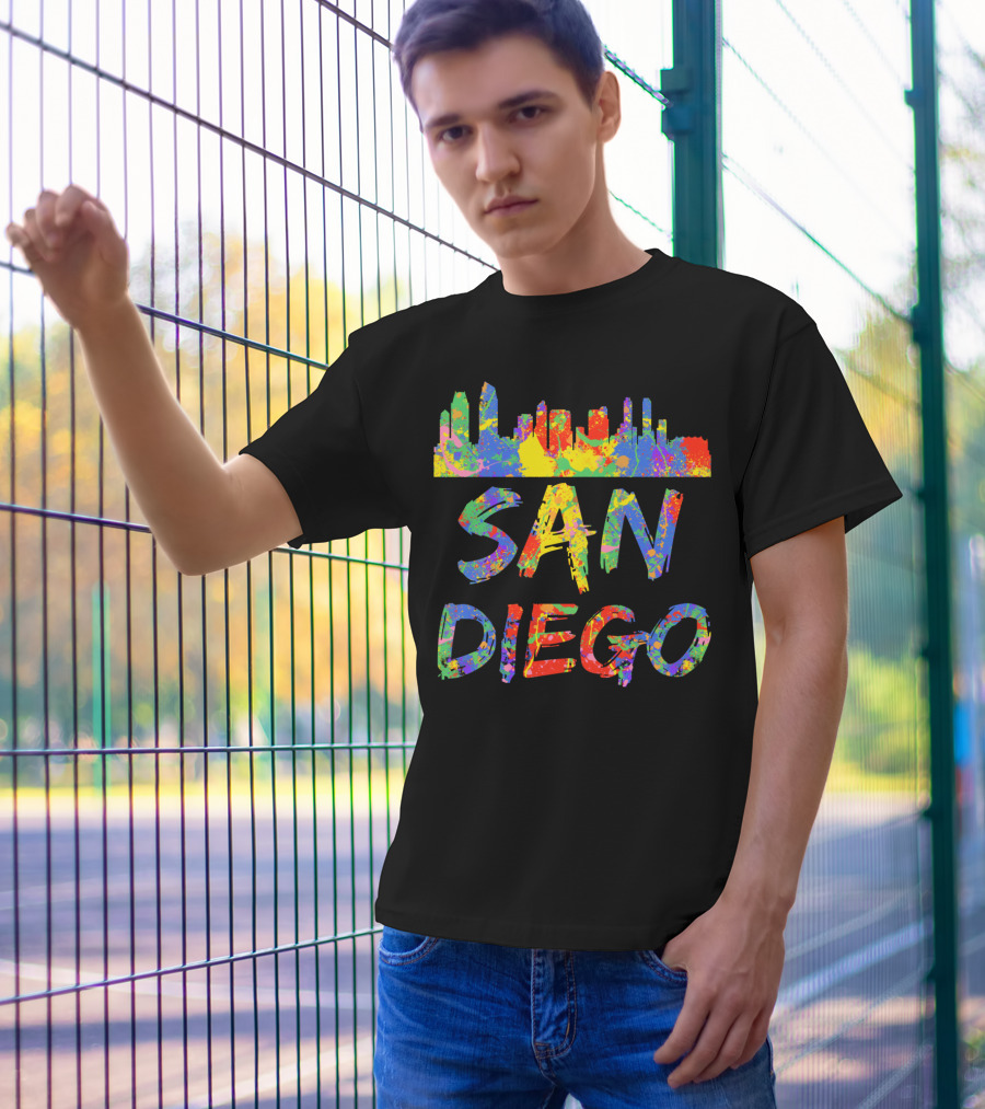 San Diego Rainbow Skyline Cali City Vibrant Text T-Shirt