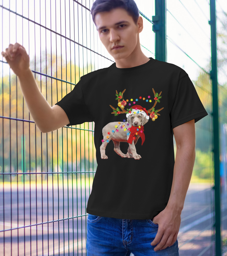 Santa Weimaraner Reindeer Christmas Lights T-Shirt