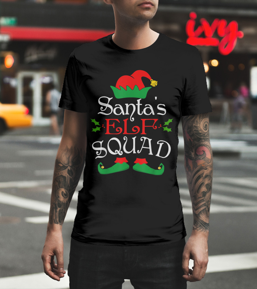 Santa's Elf Squad Christmas Elves Festive Holiday Team With Holly And Elf Hat T-Shirt