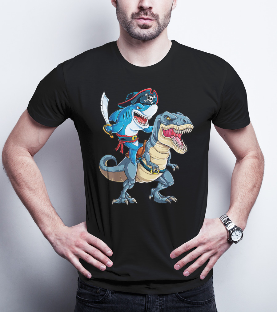 Shark Pirate Riding Dinosaur Rex Jawsome Adventure T-Shirt