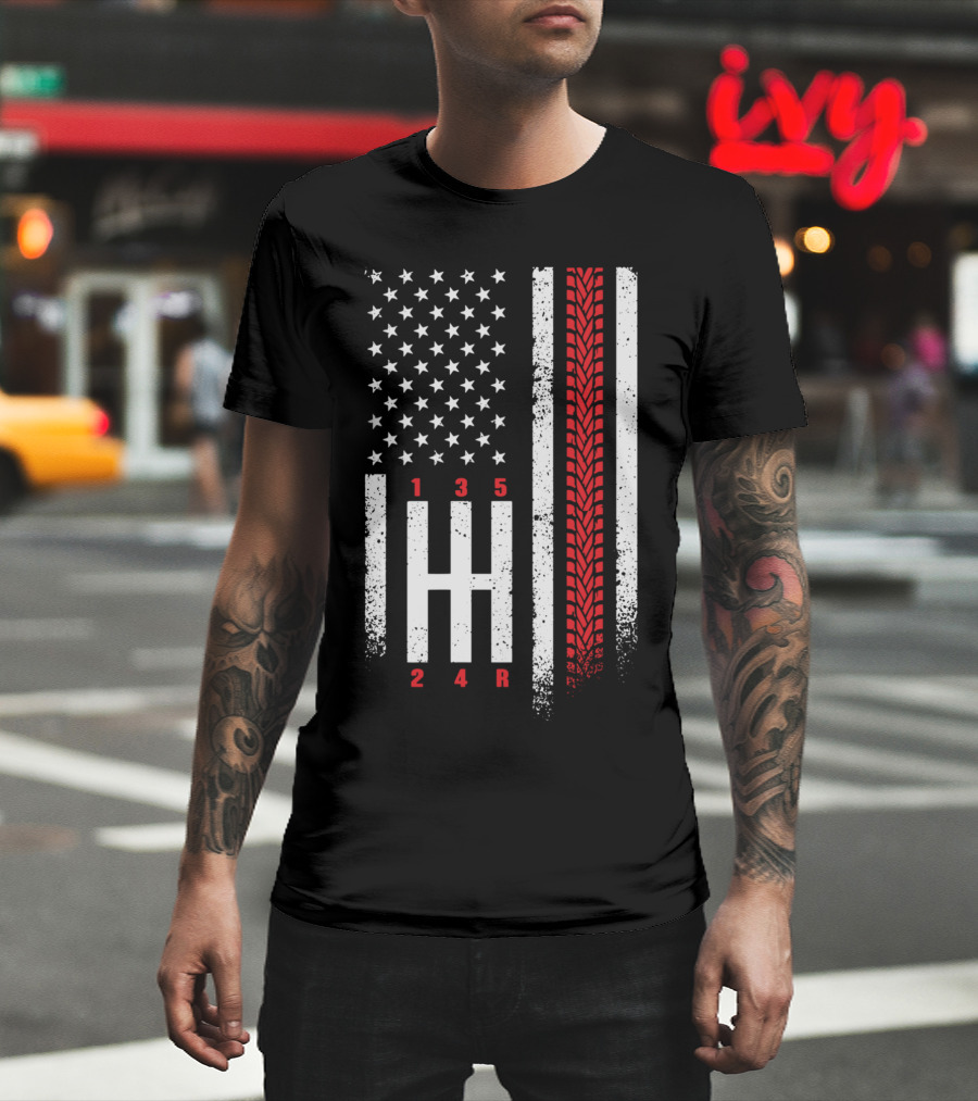 Shift Mechanic Gears American Flag Racing Tire Tracks T-Shirt