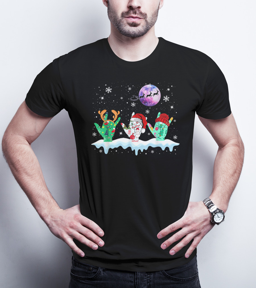 Sign Language Christmas Reindeer Santa Moon Snowflakes T-Shirt