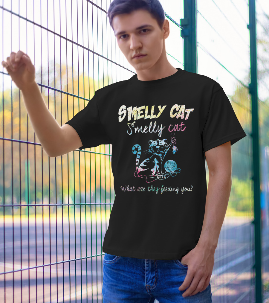 Smelly Cat Smelly Cat What Are They Feeding You Colorful Cat And Yarn T-Shirt