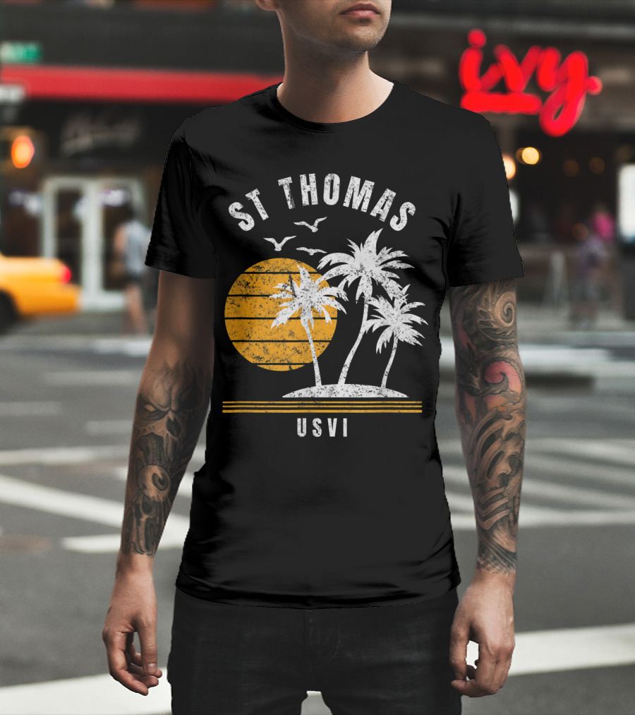 St Thomas USVI Caribbean Sunset With Palm Trees And Birds T-Shirt
