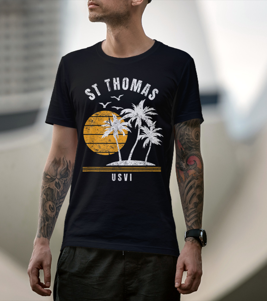 St Thomas USVI Caribbean Sunset With Palm Trees And Birds T-Shirt