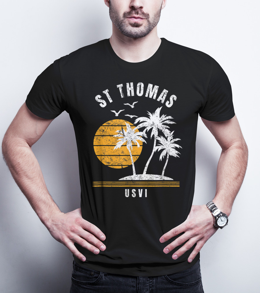 St Thomas USVI Caribbean Sunset With Palm Trees And Birds T-Shirt