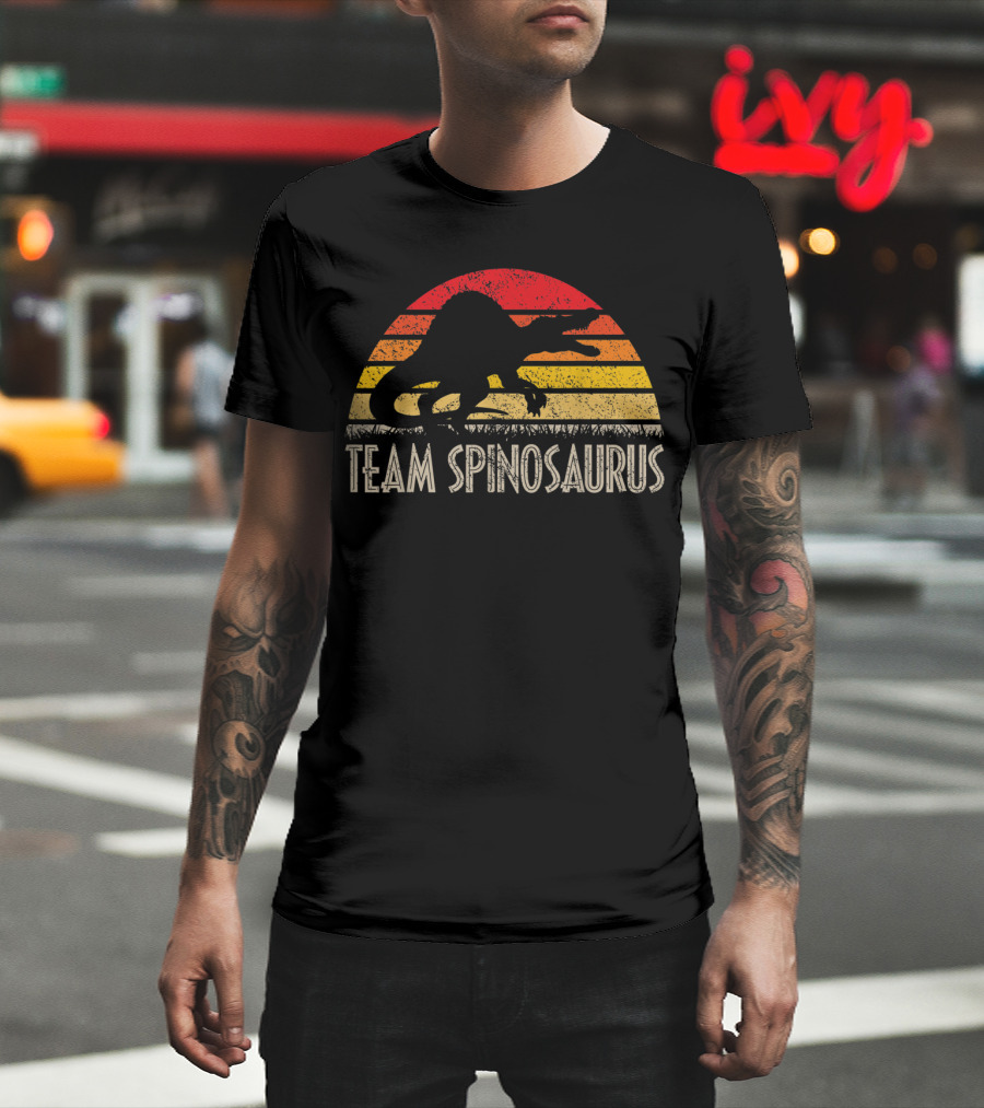 Team Spinosaurus Retro Sunset Silhouette Dinosaur T-Shirt