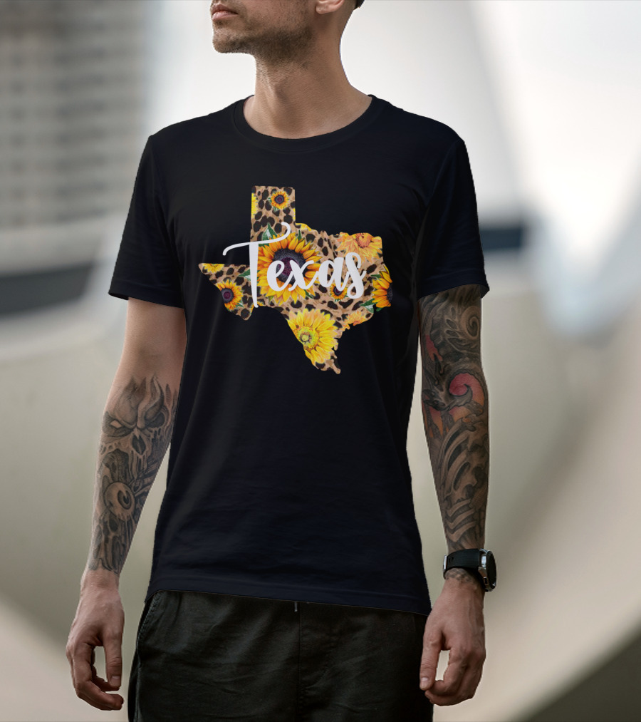 Texas Sunflower Leopard Print Wildflower State Map T-Shirt