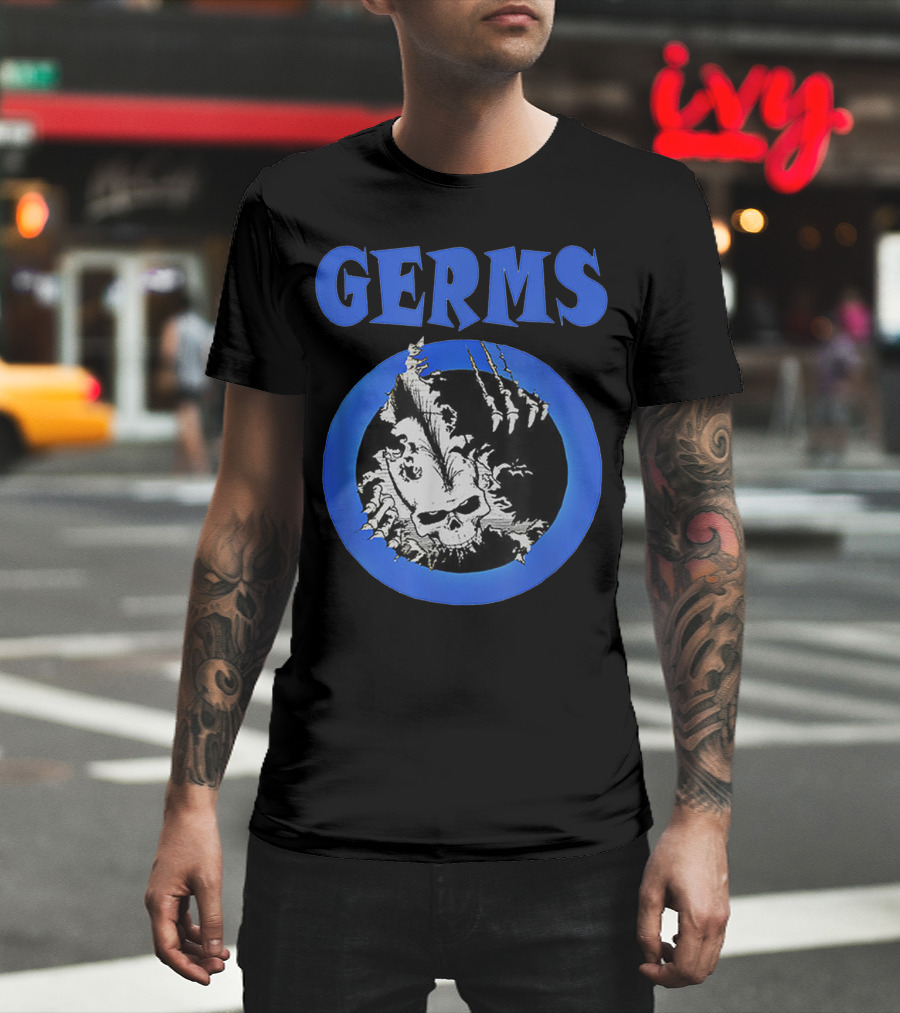 Germs Punk Rock Cool Skull Symbol With Blue Circle T-Shirt