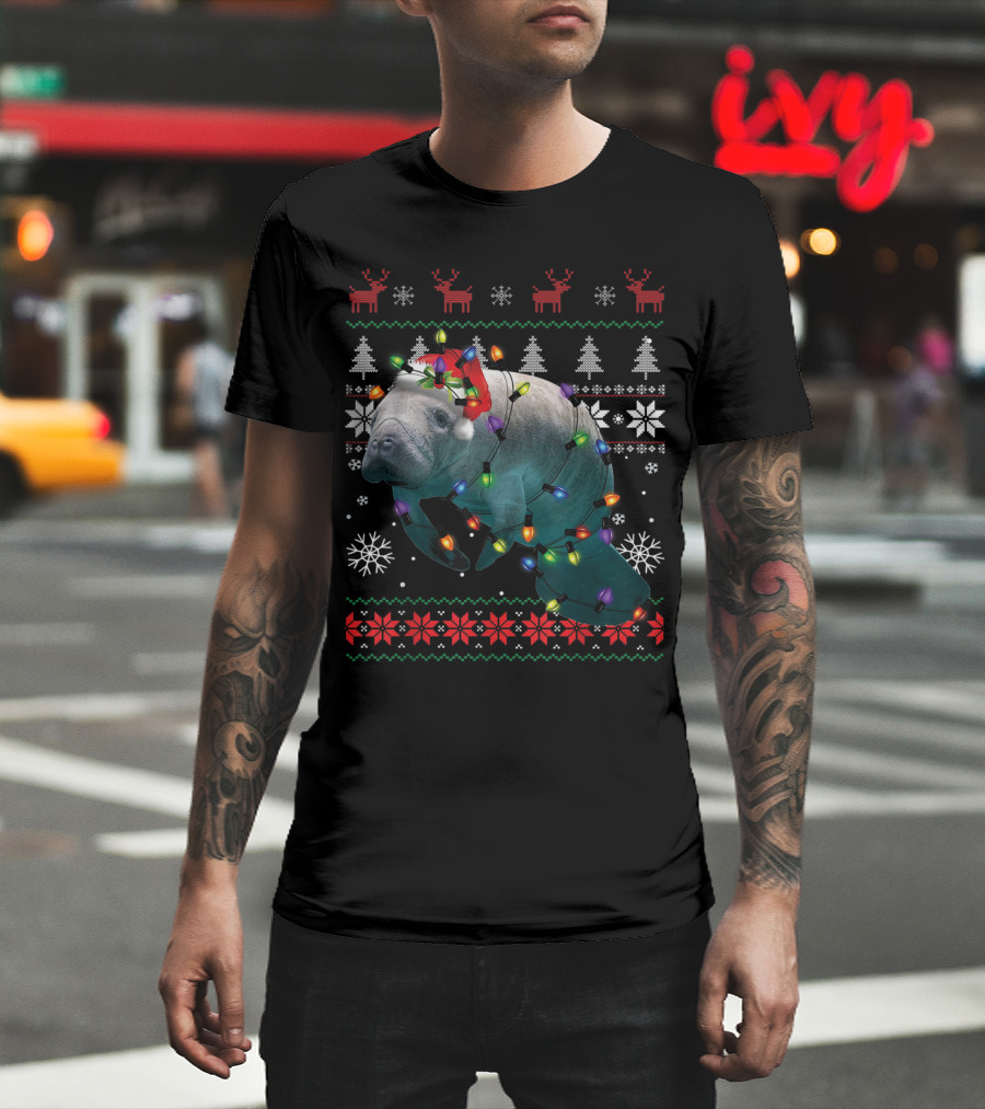 Ugly Christmas Manatee Santa Funny Mana Lover Holiday Lights T-Shirt