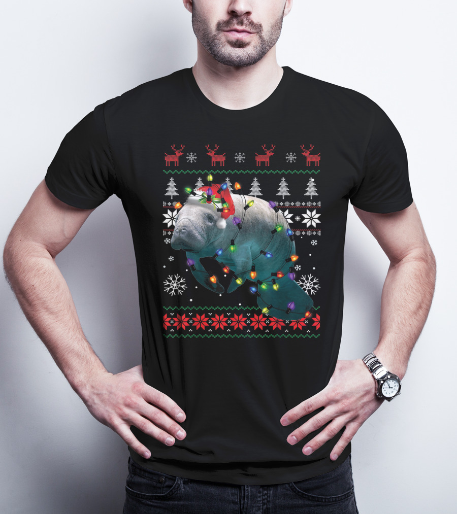 Ugly Christmas Manatee Santa Funny Mana Lover Holiday Lights T-Shirt