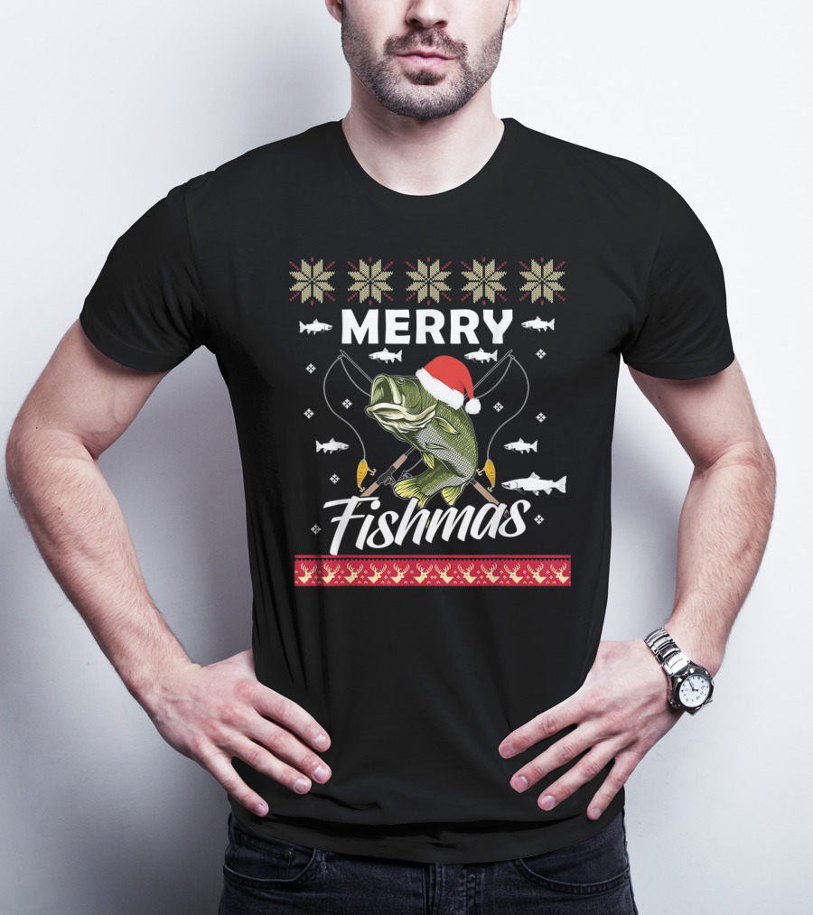 Ugly Christmas Sweater Merry Fishmas Fishing Fisherman Holiday T-Shirt