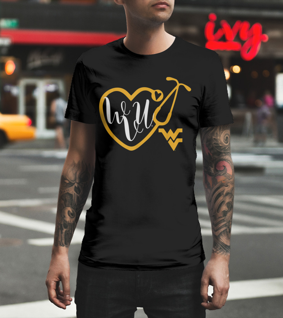 WVU West Virginia Mountaineers Nurse Heart Stethoscope T-Shirt