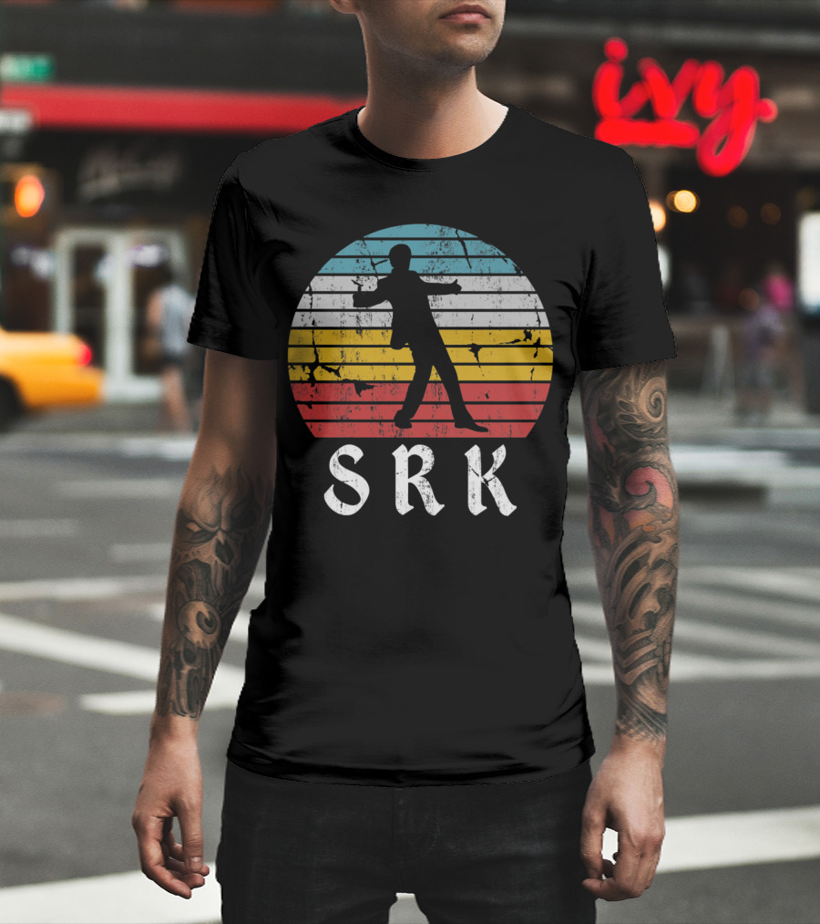 SRK Pose With Retro India Silhouette And Stripes T-Shirt