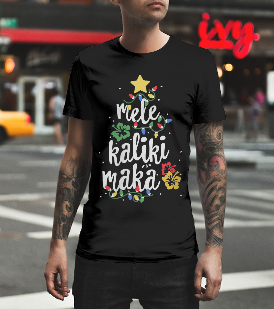 Mele Kalikimaka Hawaiian Christmas Lights And Hibiscus Holiday T-Shirt