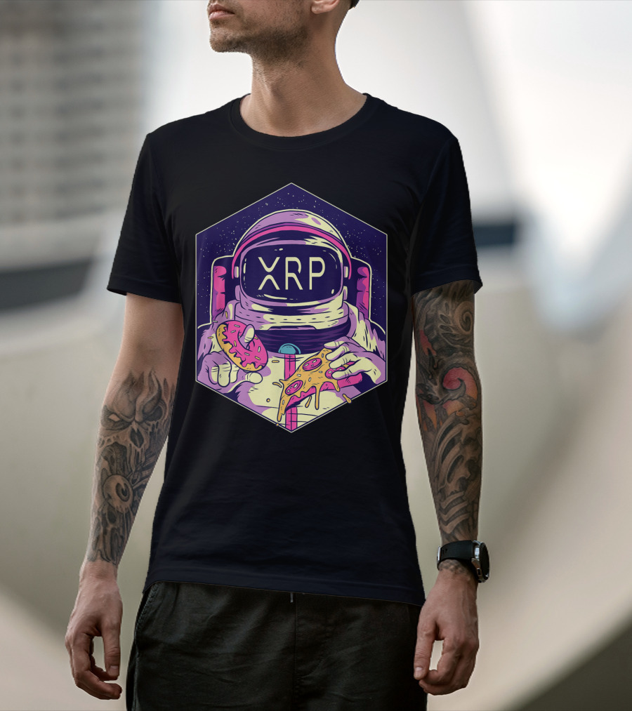 XRP Symbol Astronaut Eating Pizza And Donut Crypto Currency To The Moon T-Shirt