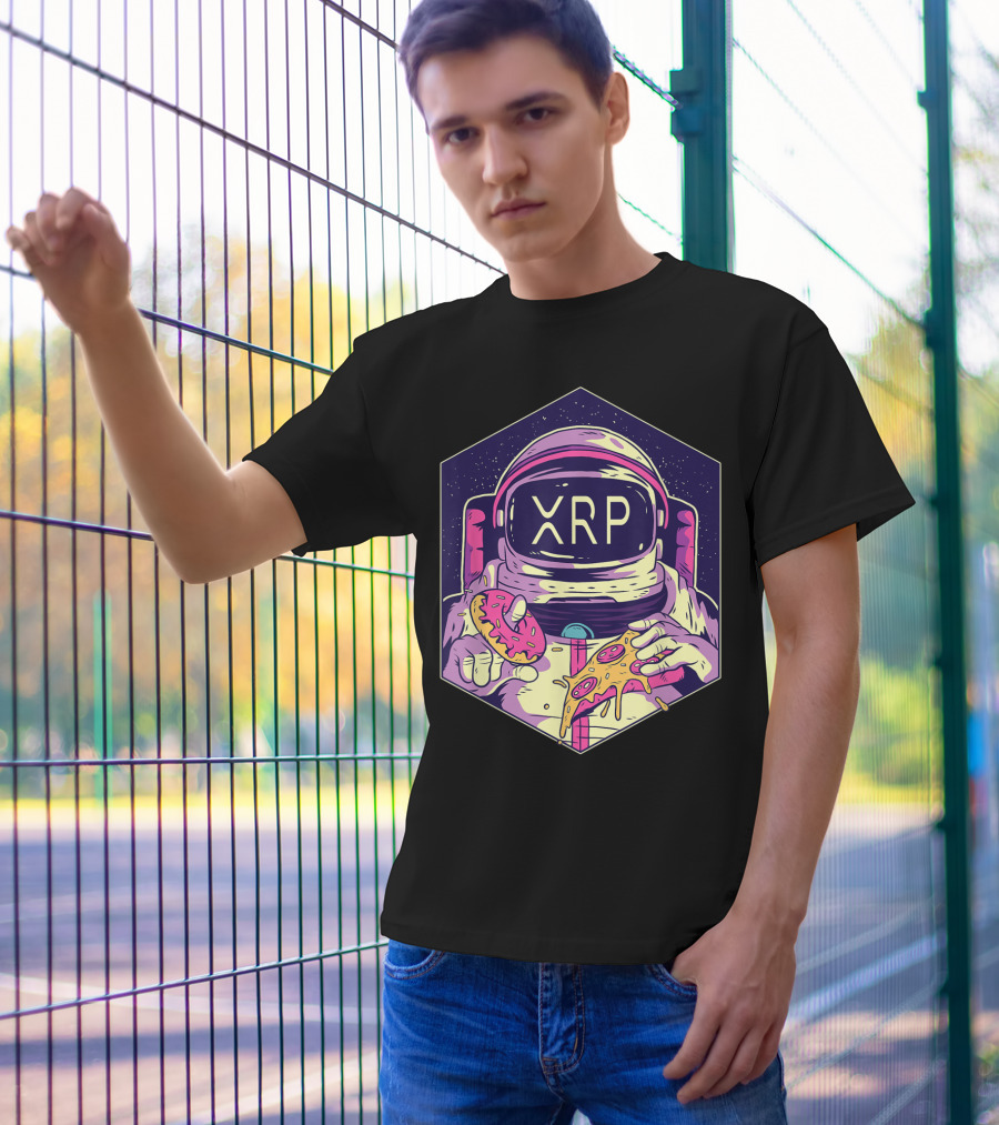 XRP Symbol Astronaut Eating Pizza And Donut Crypto Currency To The Moon T-Shirt