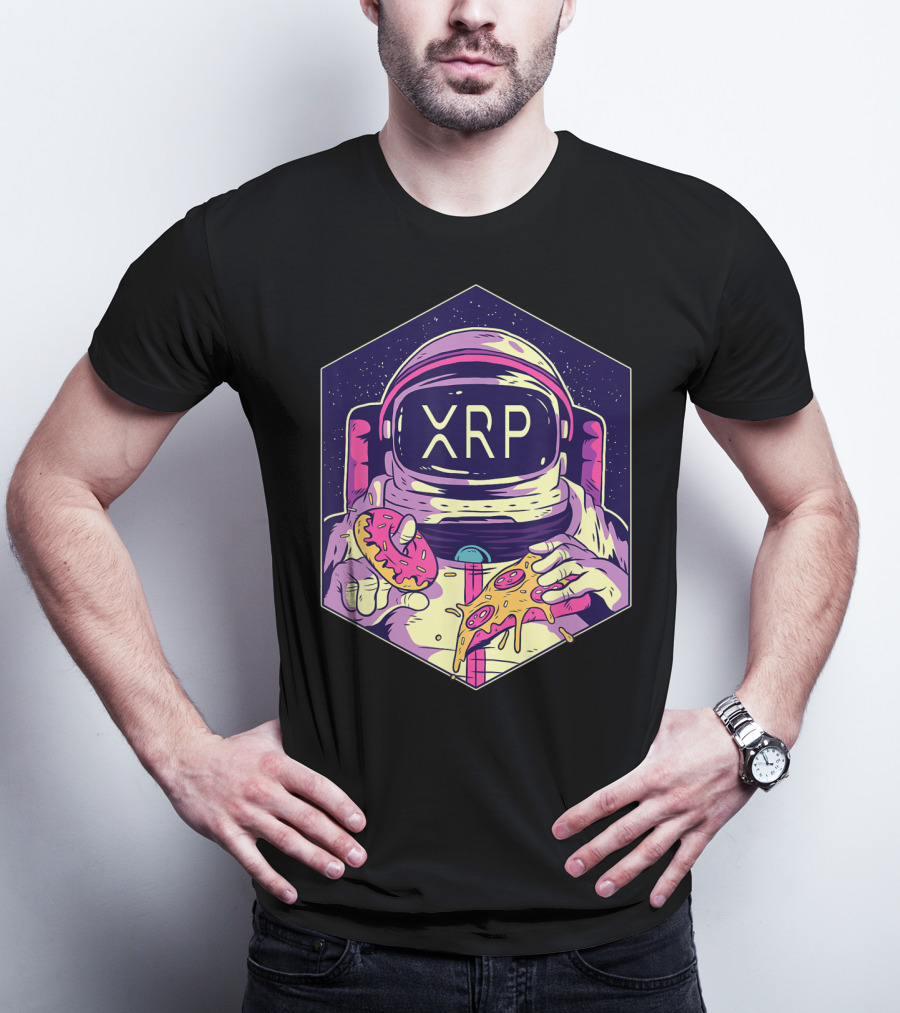 XRP Symbol Astronaut Eating Pizza And Donut Crypto Currency To The Moon T-Shirt