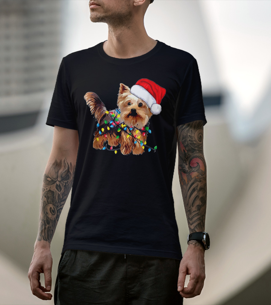 Yorkie Christmas Lights Santa Hat T-Shirt