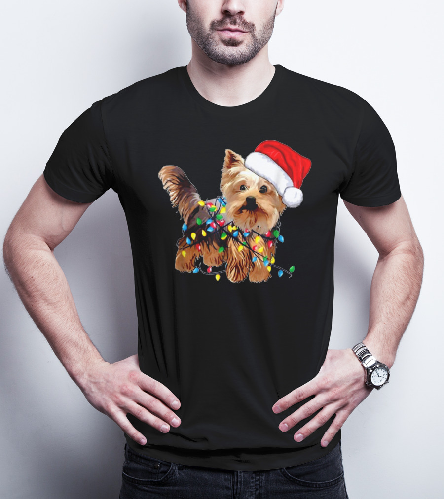 Yorkie Christmas Lights Santa Hat T-Shirt