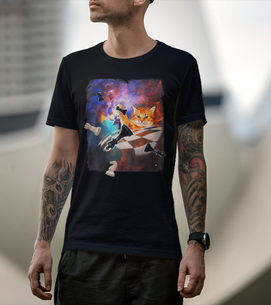 Chess Cat Floating Between Stars And Nebula With Chess Pieces T-Shirt