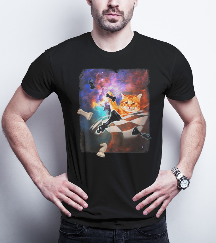 Chess Cat Floating Between Stars And Nebula With Chess Pieces T-Shirt