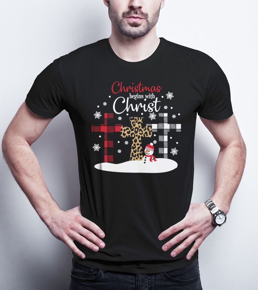 Christmas Begins With Christ Snowman And Patterned Crosses T-Shirt