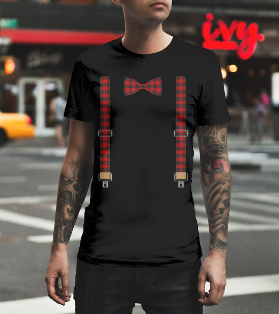 Christmas Buffalo Plaid Bow Tie And Suspenders T-Shirt