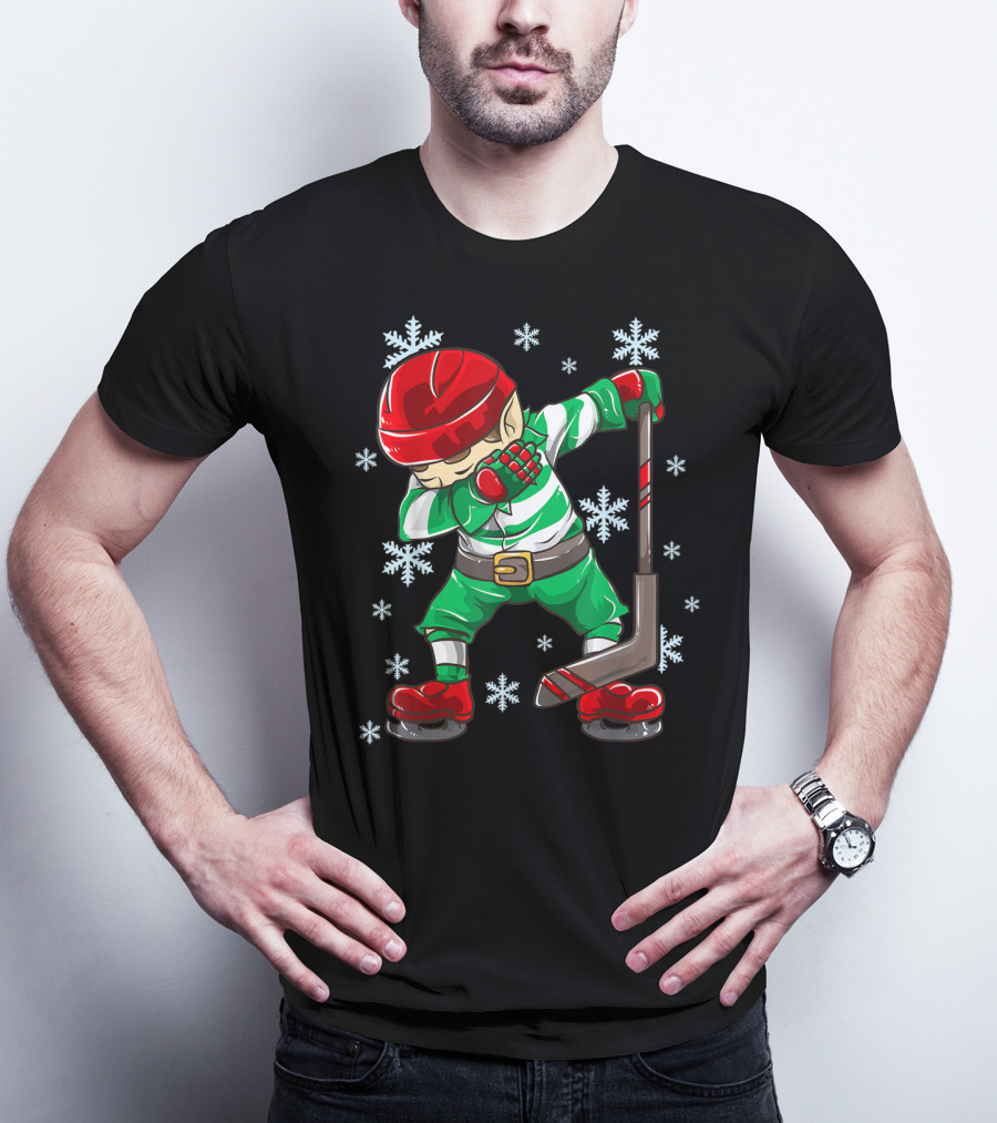 Christmas Elf Dabbing Ice Hockey Snowflake Squad T-Shirt