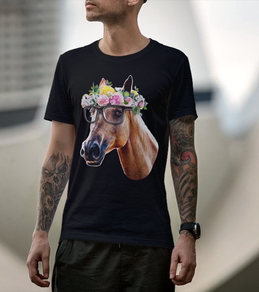 Floral Horse With Glasses Equestrian Farm Riding T-Shirt