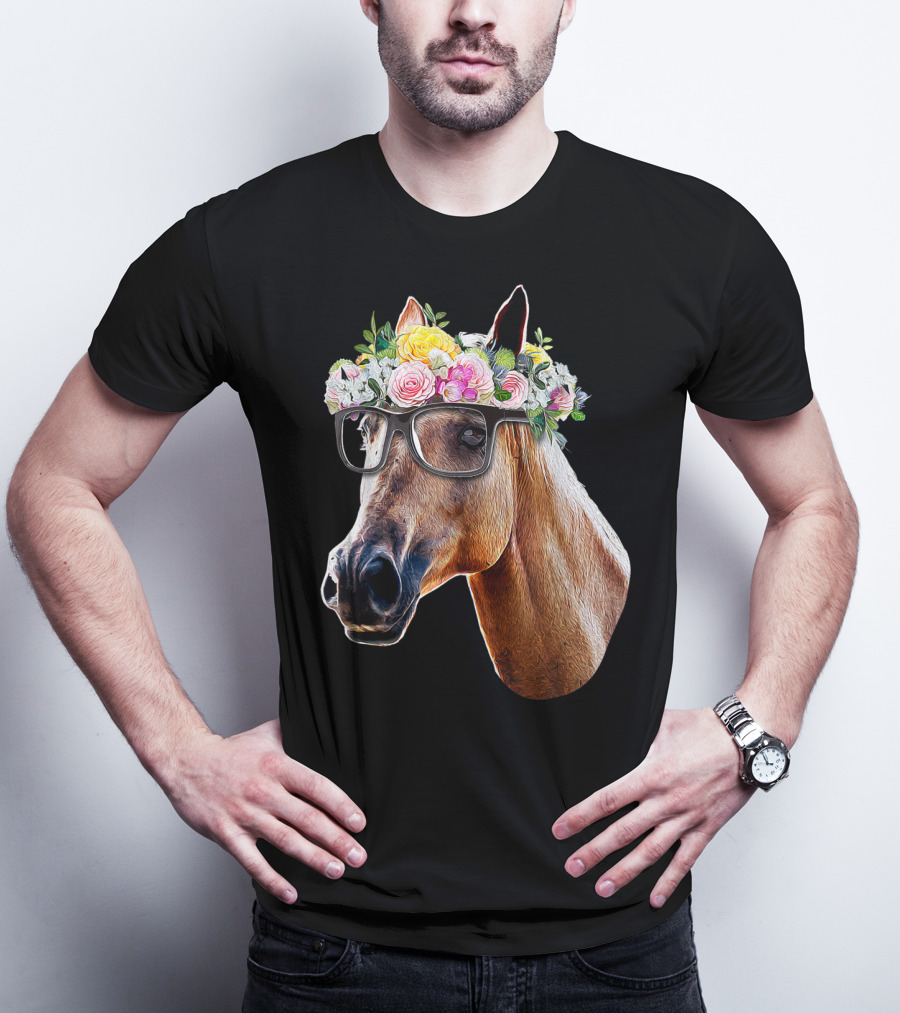 Floral Horse With Glasses Equestrian Farm Riding T-Shirt