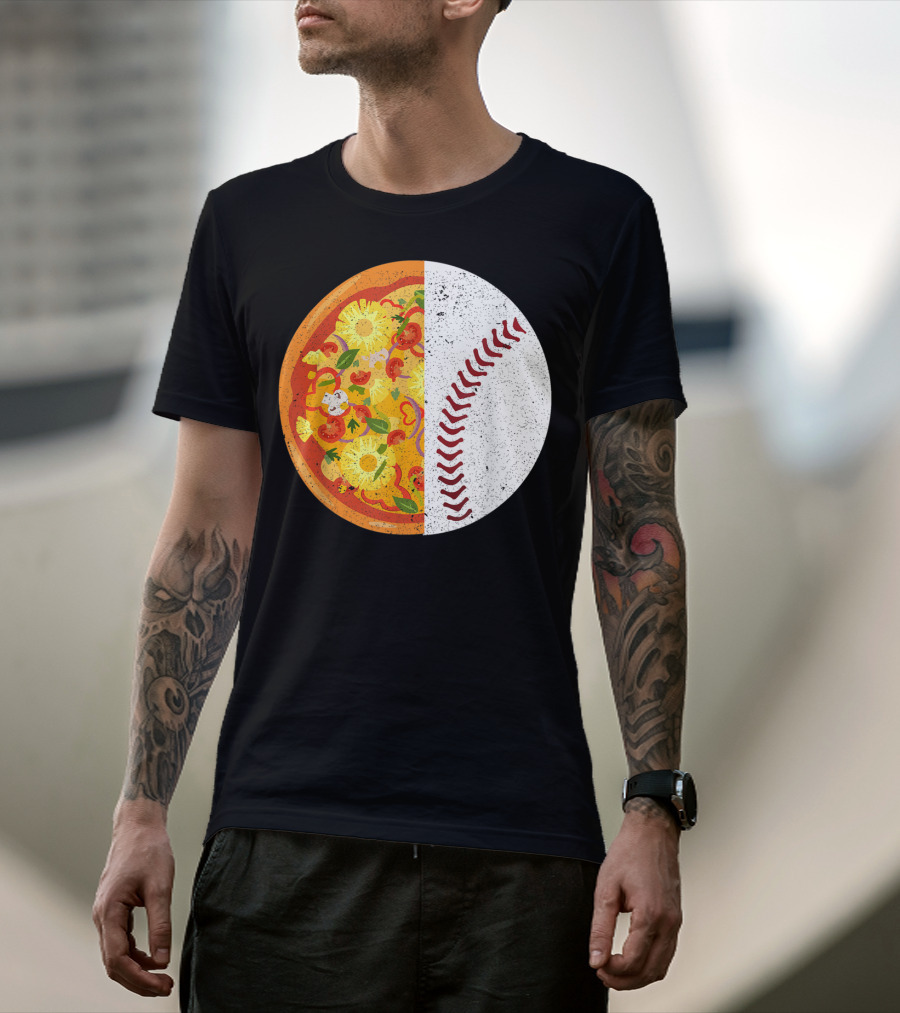 Funny Baseball Lover Eat Pizza Half Sport Pizza Baseball T-Shirt