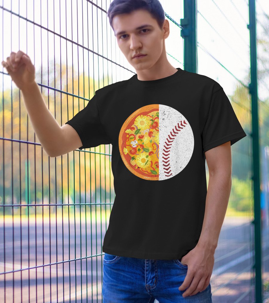 Funny Baseball Lover Eat Pizza Half Sport Pizza Baseball T-Shirt