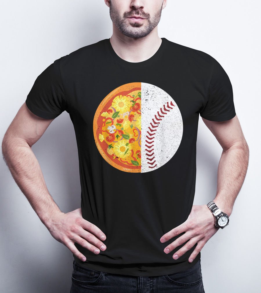 Funny Baseball Lover Eat Pizza Half Sport Pizza Baseball T-Shirt