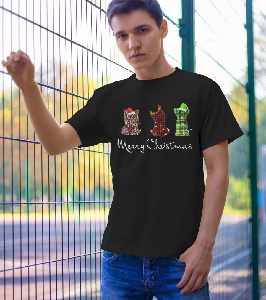 Merry Christmas Three Yorkshire Terriers Leopard Red Green Checkered T-Shirt