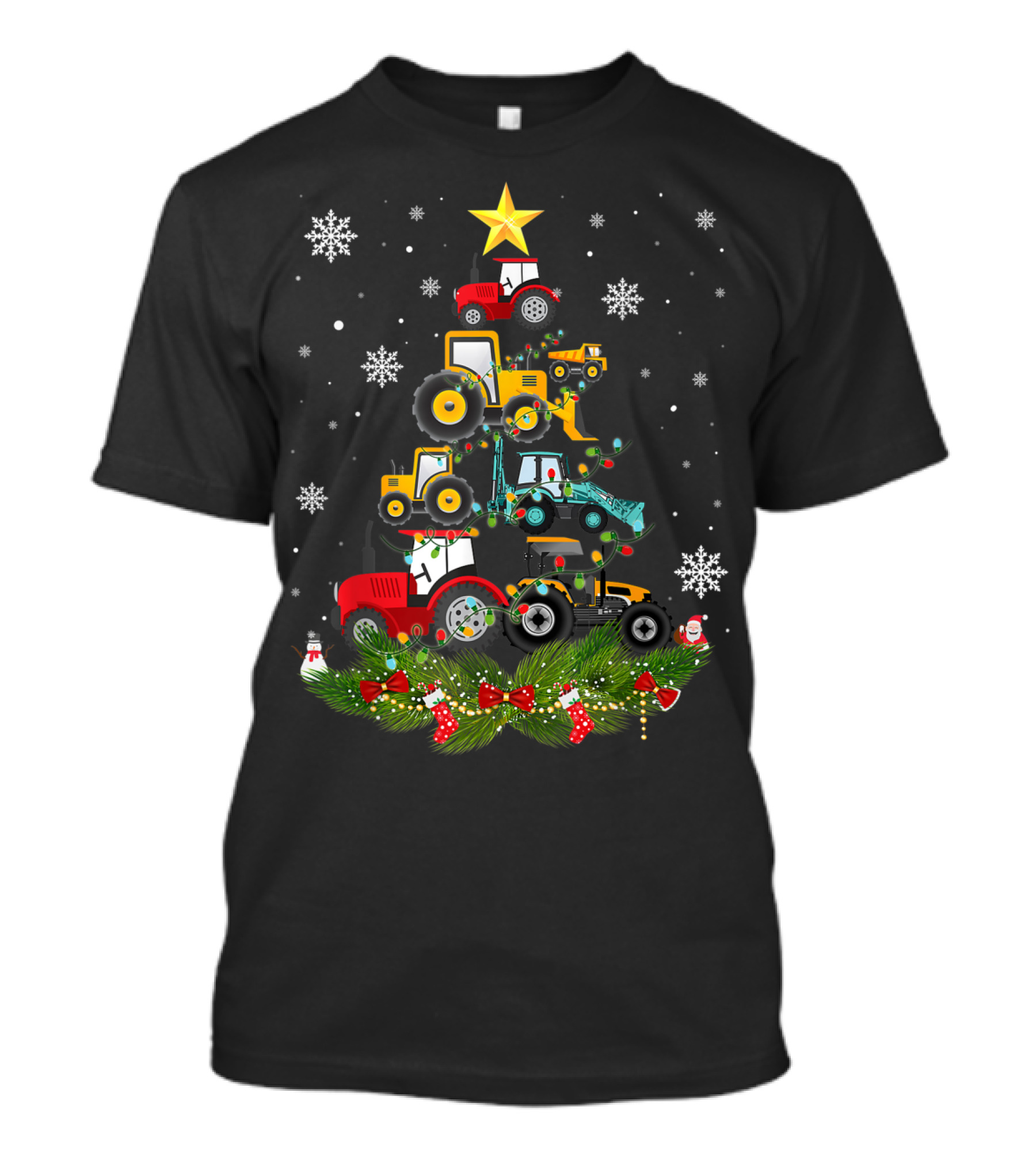 Tractor Christmas Tree Holiday Snowflakes Garland Star T-Shirt
