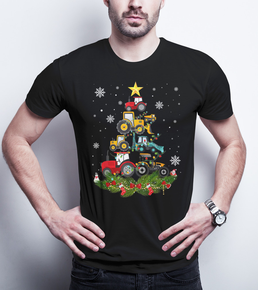 Tractor Christmas Tree Holiday Snowflakes Garland Star T-Shirt