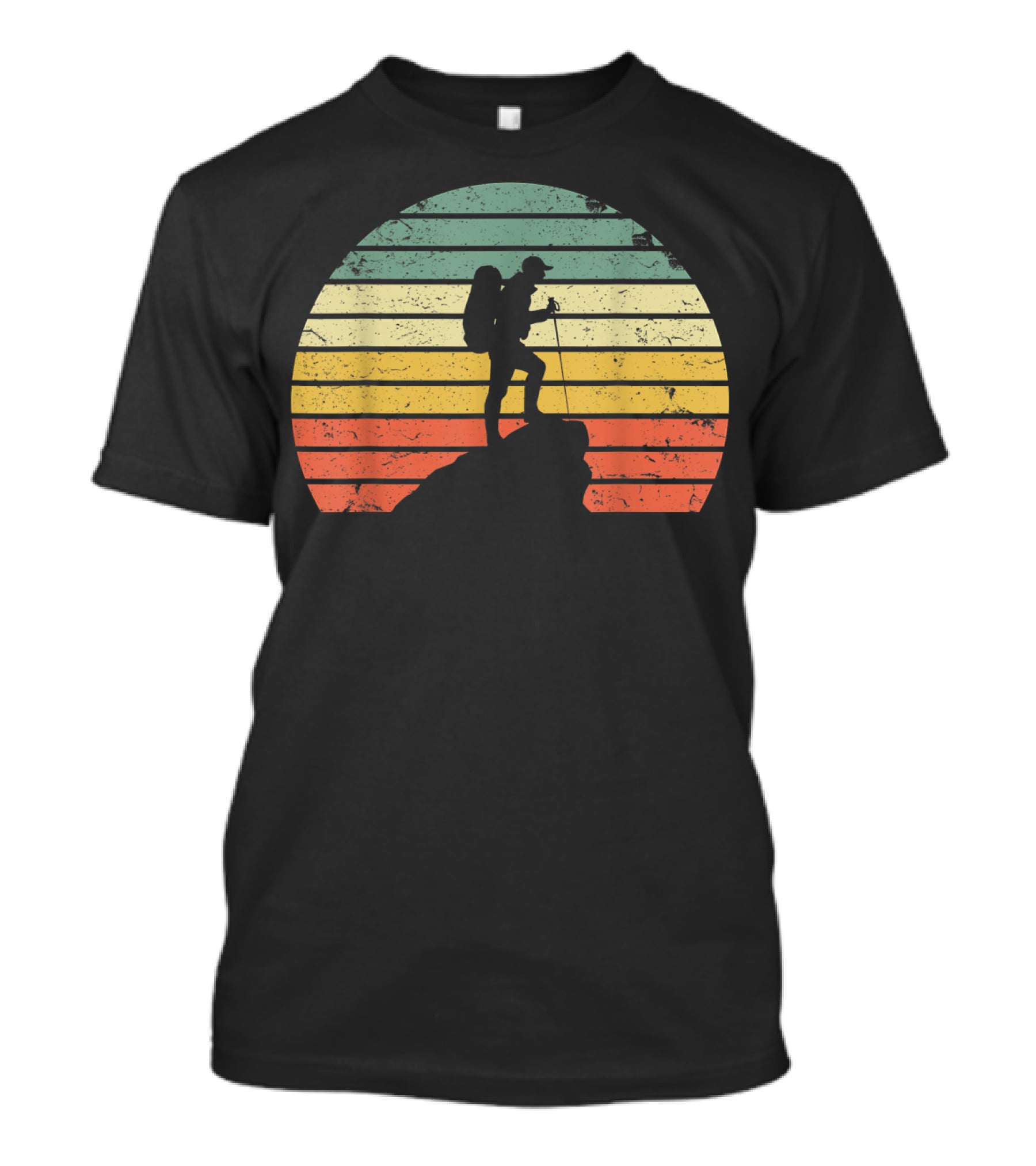 Retro Hiking Hiker Silhouette On Mountain Rock And Sunset Stripes T-Shirt