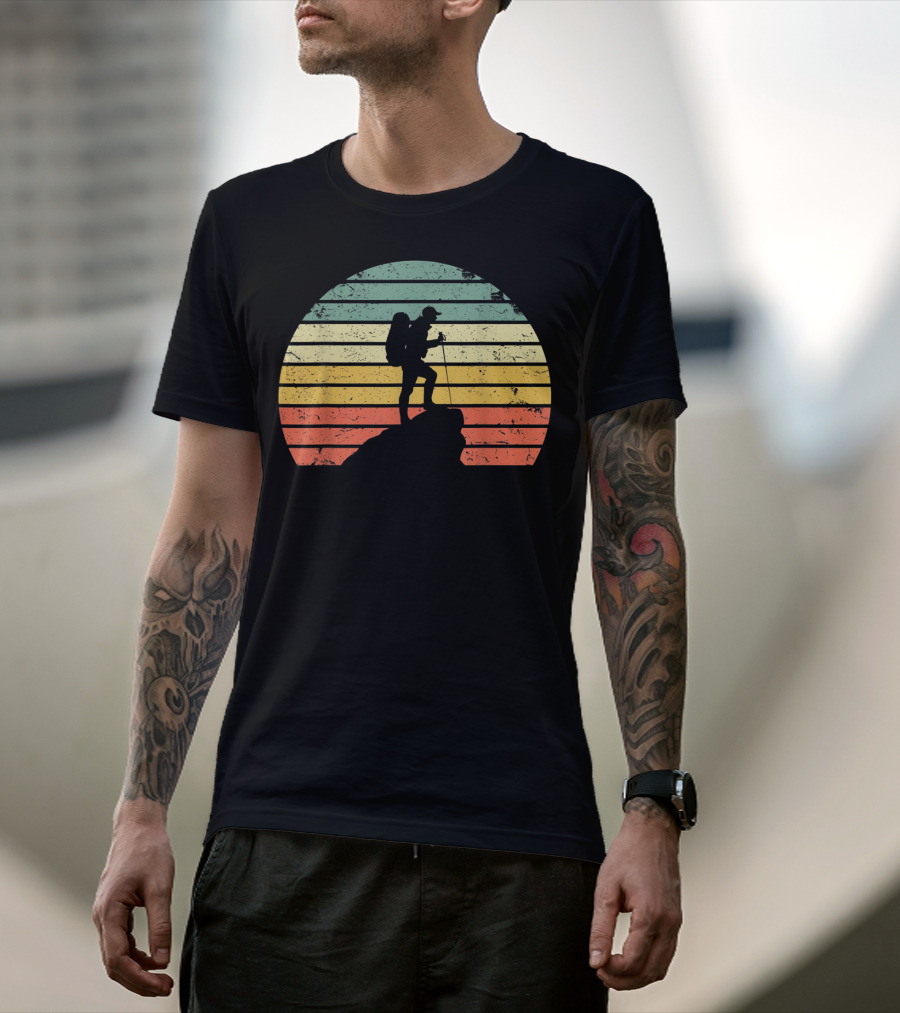 Retro Hiking Hiker Silhouette On Mountain Rock And Sunset Stripes T-Shirt