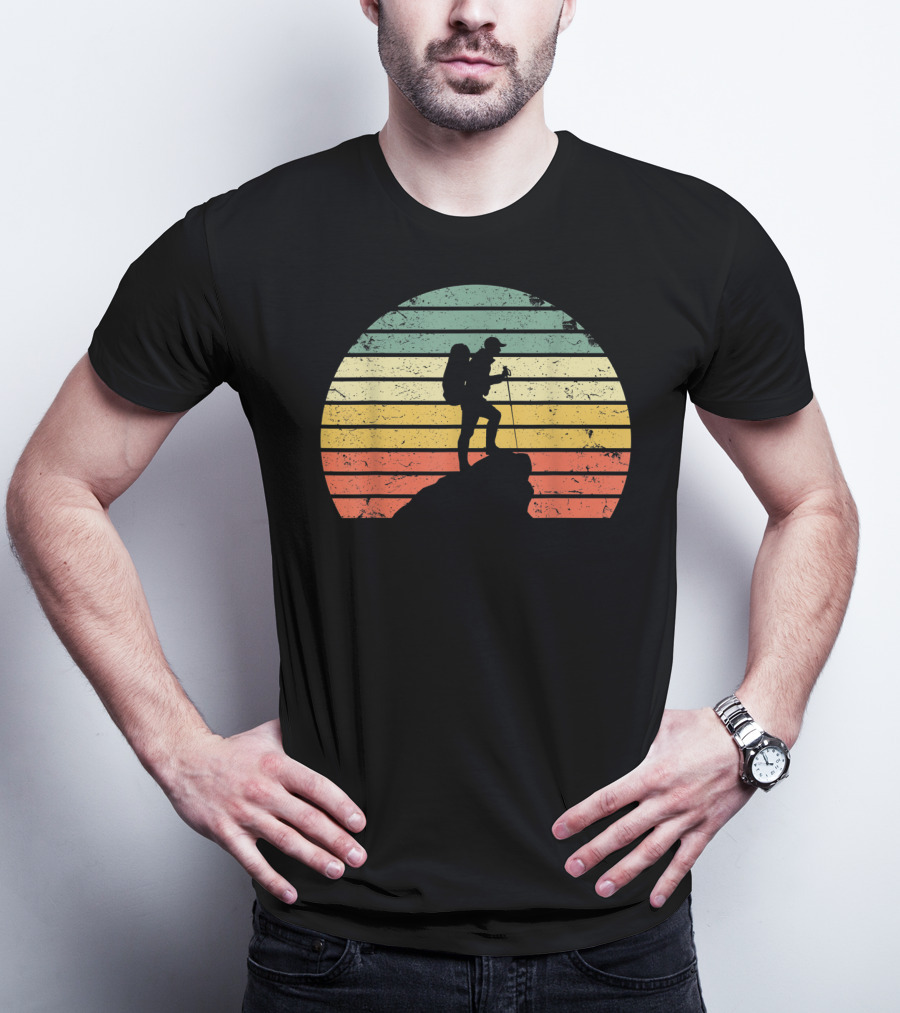 Retro Hiking Hiker Silhouette On Mountain Rock And Sunset Stripes T-Shirt