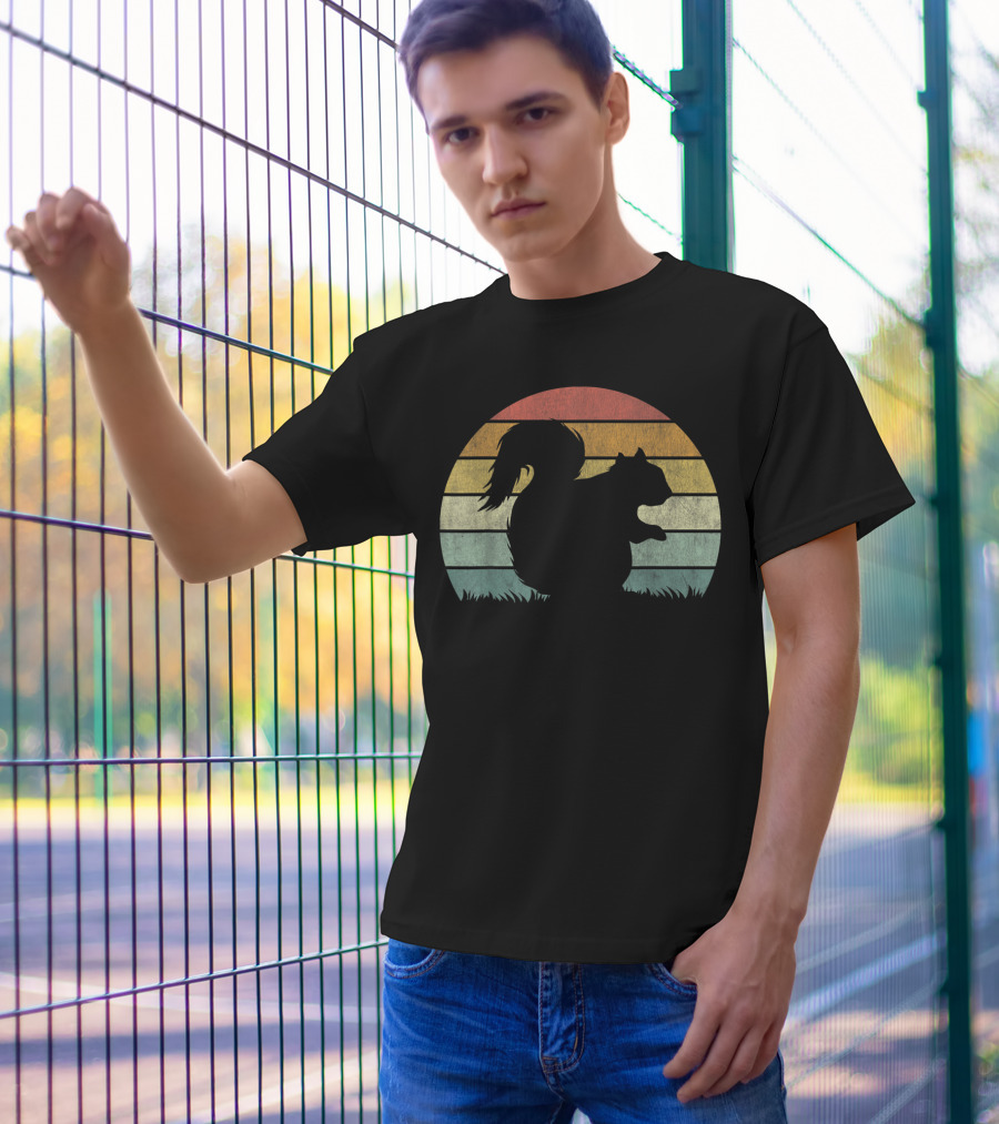 Vintage Sunset Squirrel Silhouette Stripes Retro Chestnut T-Shirt