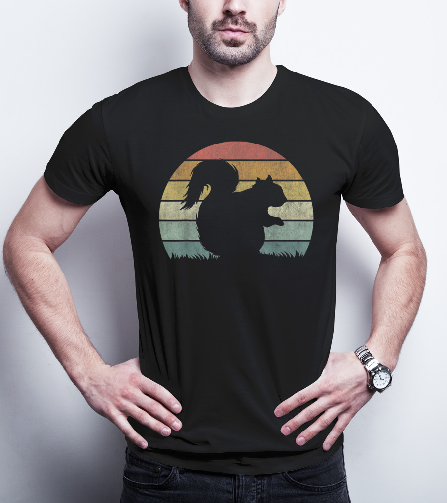 Vintage Sunset Squirrel Silhouette Stripes Retro Chestnut T-Shirt