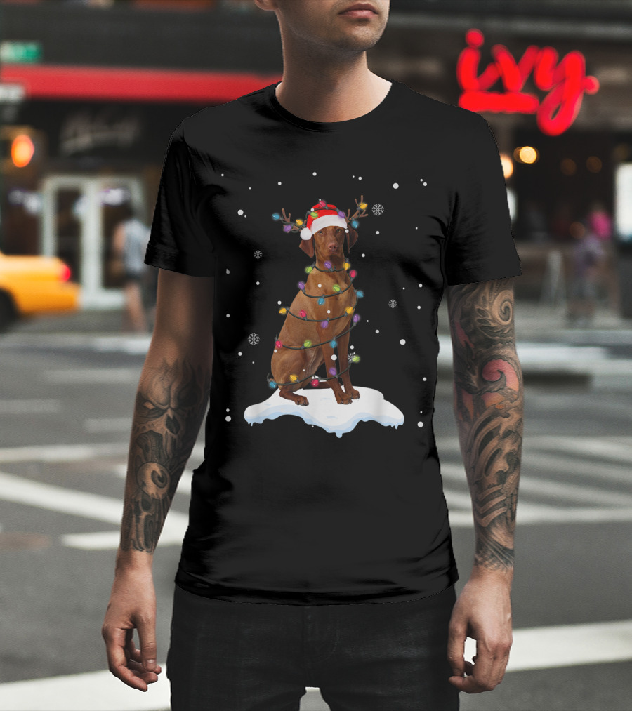 Vizsla Wrapped In Christmas Lights With Santa Hat And Antlers In Snow T-Shirt