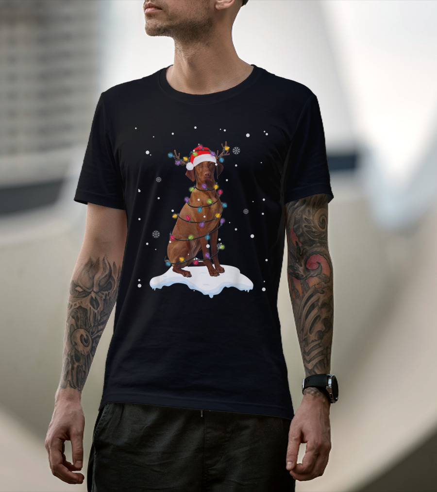 Vizsla Wrapped In Christmas Lights With Santa Hat And Antlers In Snow T-Shirt