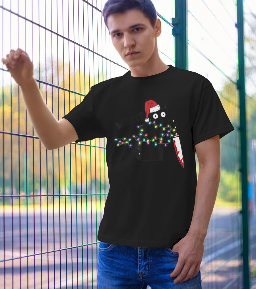 What Cat Wrapped In Xmas Lights Holding Knife Wearing Santa Hat T-Shirt
