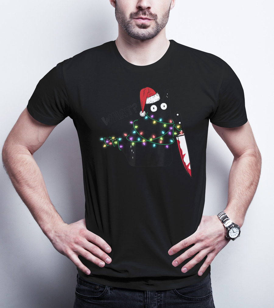 What Cat Wrapped In Xmas Lights Holding Knife Wearing Santa Hat T-Shirt